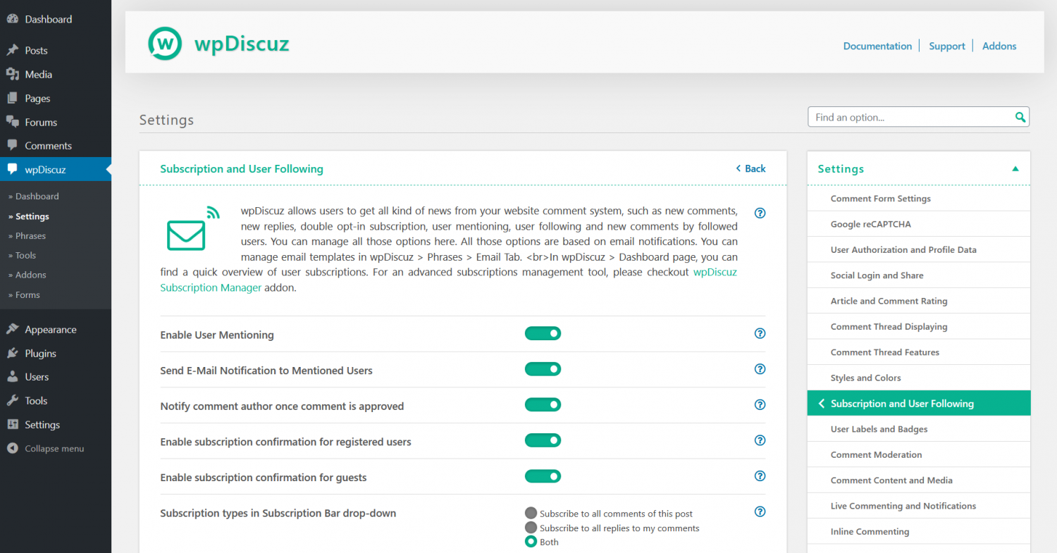 Subscription and User Following - wpDiscuz - WordPress Comment Plugin